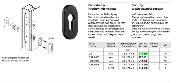 218236 Silver Security Profile Cylinder Rosette – Complete Aluminium Spares